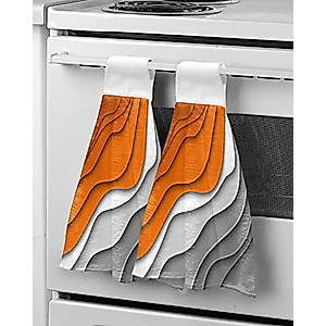 Hanging Tie Towel for Kitchen Bathroom, 2 Pack Orange Grey Gradient Geometric Durable Absorbent Hand Towels Hangable Washing Cloths Home Cleaning Decor Modern Abstract Ripple Art