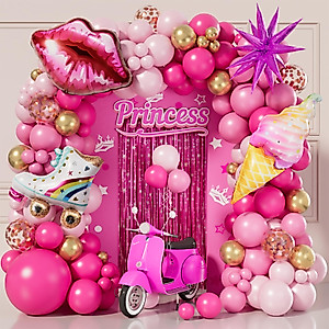 128 Pcs Hot Pink Balloon Arch Kit, Metallic Gold Star Confetti Balloons for Barbie Theme Princess Party Birthday Girl Baby Shower Anniversary Wedding Valentines Day Graduation Decorations