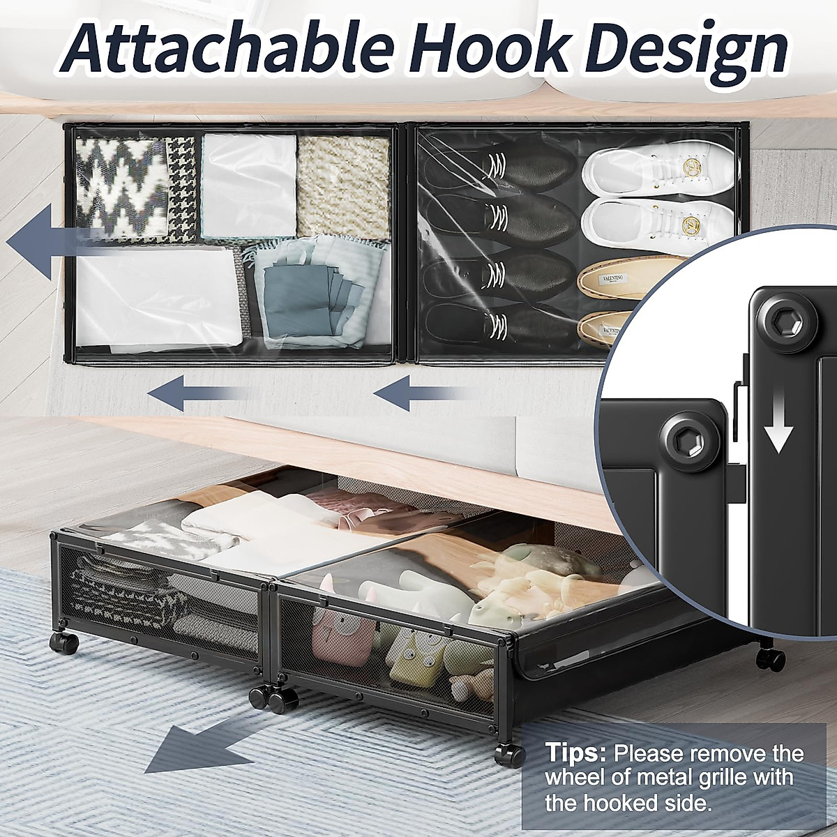 UEAKPIC Under Bed Storage Containers with Wheels, 2 Pack Under Bed Shoe Storage Organizer, Rolling Under Bed Storage Metal Drawer, Under Bed Storage Bins for Clothes, Toys, Blankets, Books