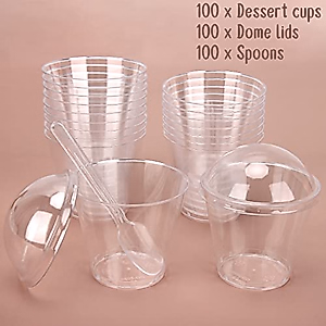 HawHawToys Dessert Cups with Dome Lids and Spoons, 100 Pack 3 OZ Round Mini Plastic Parfait Cups for Party Individual Desserts, Appetizers Serving (3 oz, 100)