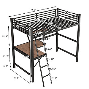 P PURLOVE Metal Loft Bed with Desk Twin Size High Loft Bed with L-Shaped Desk and Shelf and Ladder,No Box Spring Need