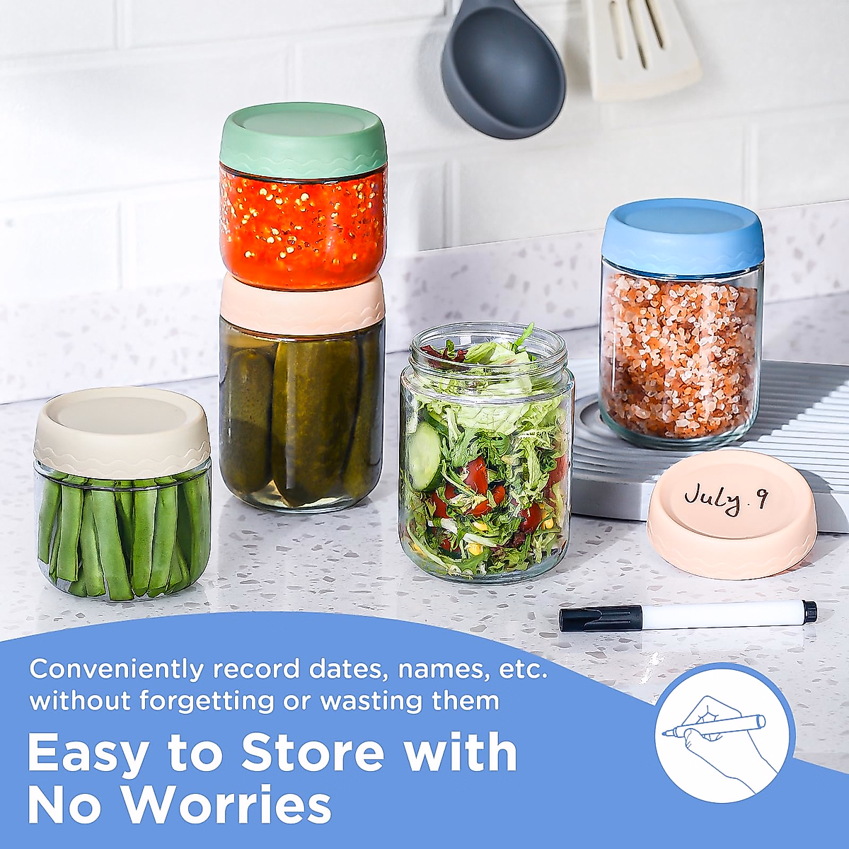 DRKIO 10 & 16 Oz Overnight Oats Containers with Lids - 6 Pack Glass Storage Jars with Airtight Lids Wide Mouth Mason Food Jars Great for Meal Prep Salad Chia Puddirg Snacks Yogurt Sugar Spice Cereal