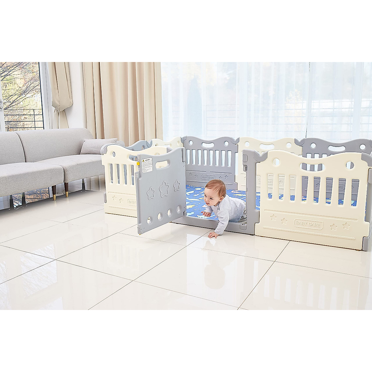 Baby Care Play Mat Funzone Play Pen - Extra Large Baby Play Yard - Play Pen for Baby - Safe with Double Locking (Grey, Full Set)