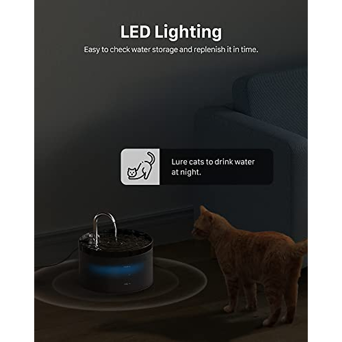 Cat Water Fountain, GIOTOHUN Faucet-Shaped 67oz/2L Cat Fountain, Super Silent , Built-In Led Light, Activated Carbon Filter, Translucent Water Tank, Suitable for Multiple Pets, Black