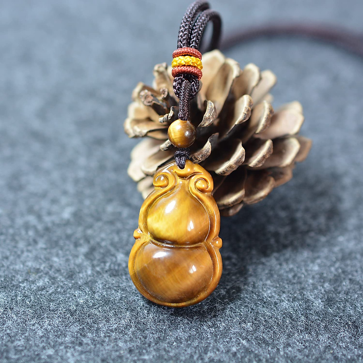 QIANXU Tigers Eye Necklace for Women Men,Genuine Gemstone Engraved Gourd Pendant,Crystal Jewelry adjustable Chain