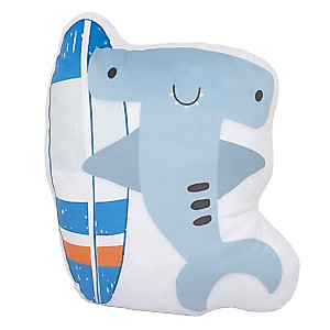 Everything Kids Little Dude Adventure Blue & White Shark with Surfboard Decorative Pillow, Blue, Orange, White (8767721P)