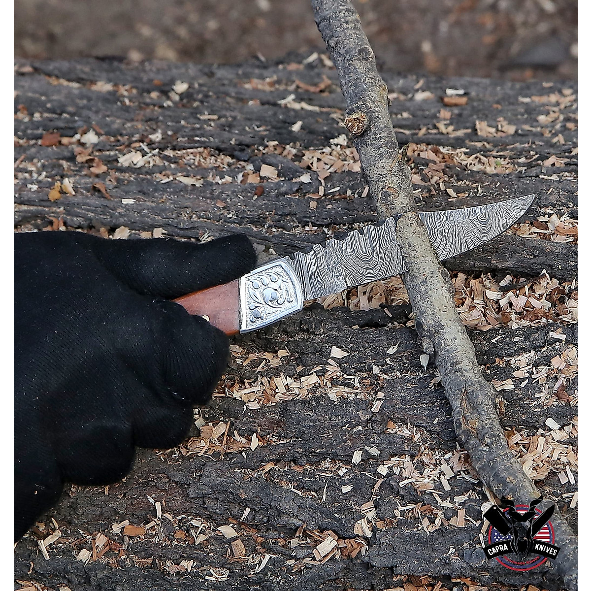 Capra Knives CK-52 Handcrafted Folding Engraved Brass Pocket Knife 4” Folded, 7.25” Long Overall, 4.5oz Olive Wood Handle, Damascus Blade with Leather Sheath