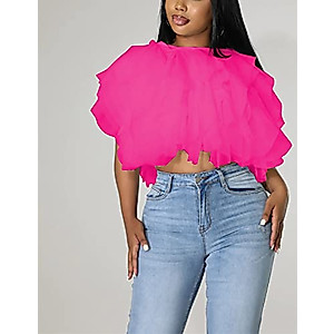 Chiffon Blouses for Women Casual - Solid Short Sleeve Mesh Tulle Blouse Puffy Layered Short Tops Party Prom XX-Large