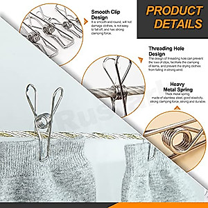 Rustark 145Pcs Stainless Steel Clothespin Clips with Spring Hooks Assortment Kit Heavy Duty Multipurpose Metal Wire Utility Clips Windproof Clothes Pegs for Outdoor Clothesline Home Kitchen