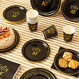 Crisky Black Gold Fifty Birthday Napkins Plates Cups Set for 50th Birthday Party Decorations Supplies, Disposable Tableware Set of 24 (9" Plates, 7" Plates, Luncheon Napkins, 9oz Cups)