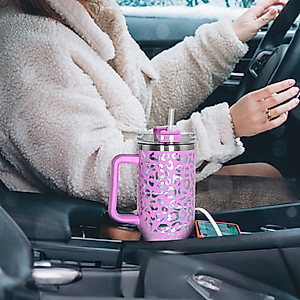 FECBK 40 oz Tumbler with Handle and Straw, 100% Leak-Proof Travel Mug, Stainless Steel Double Wall Vacuum Insulated Coffee Cup Keeps Cold For 34 Hours, Dishwasher Safe, Lavender Rose Leopard