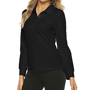 AjezMax Womens Golf Tennis Polo Shirts Long Sleeve Sun Protection Quick Dry Lightweight Casual Button Sports Athletic Tops Black Large