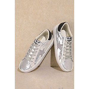 Mi.iM Brady Rubber Sole Lace-up Rhinestone Glitter Leather Suede Star Sneakers (8.5, Silver)