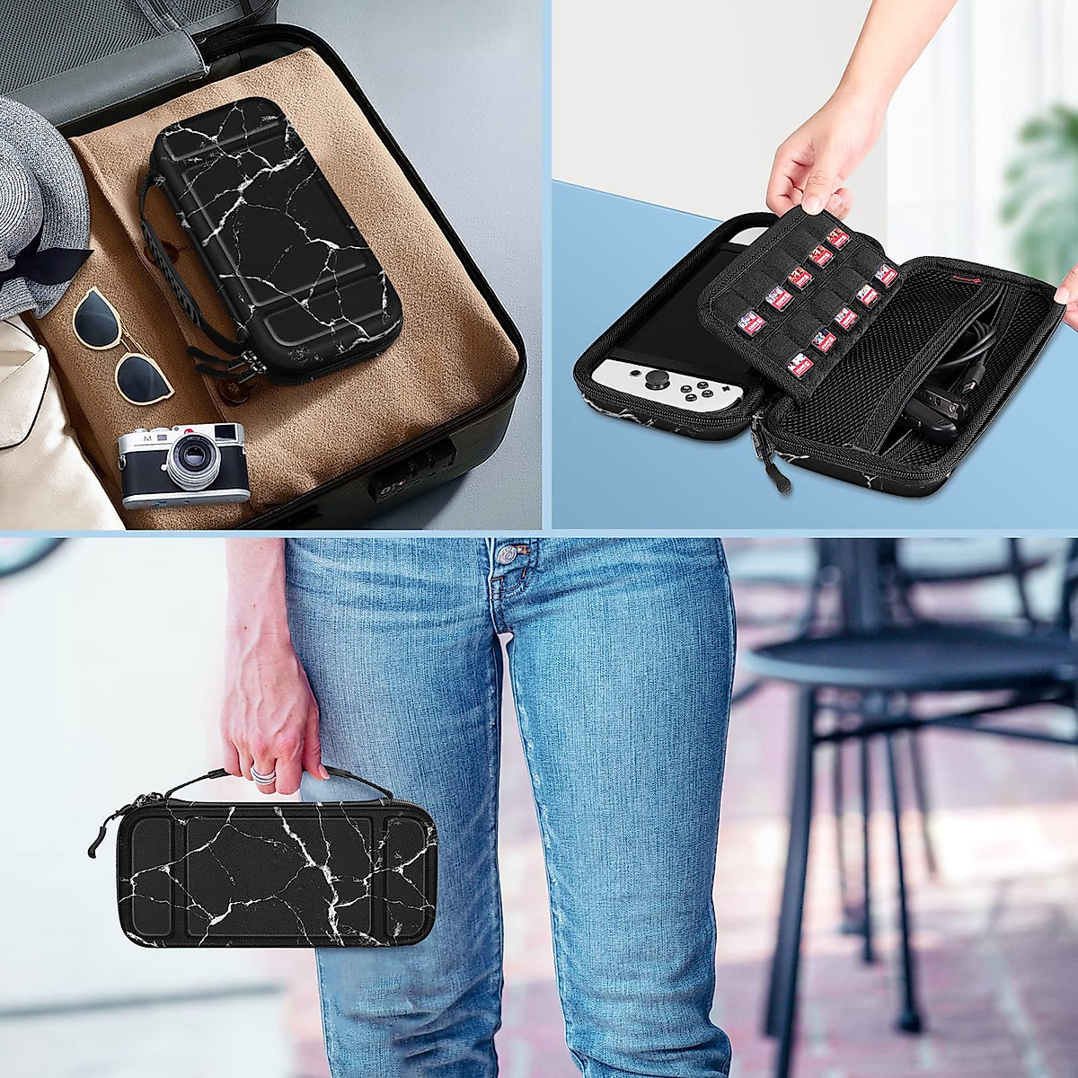 Fintie Carrying Case for Nintendo Switch OLED Model 2021/Switch 2017, [Shockproof] Hard Shell Protective Cover Travel Bag with 10 Game Card Slots & Inner Pocket, Marble Black