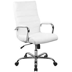 EMMA + OLIVER High Back White LeatherSoft Executive Swivel Office Chair with Chrome Frame/Arms