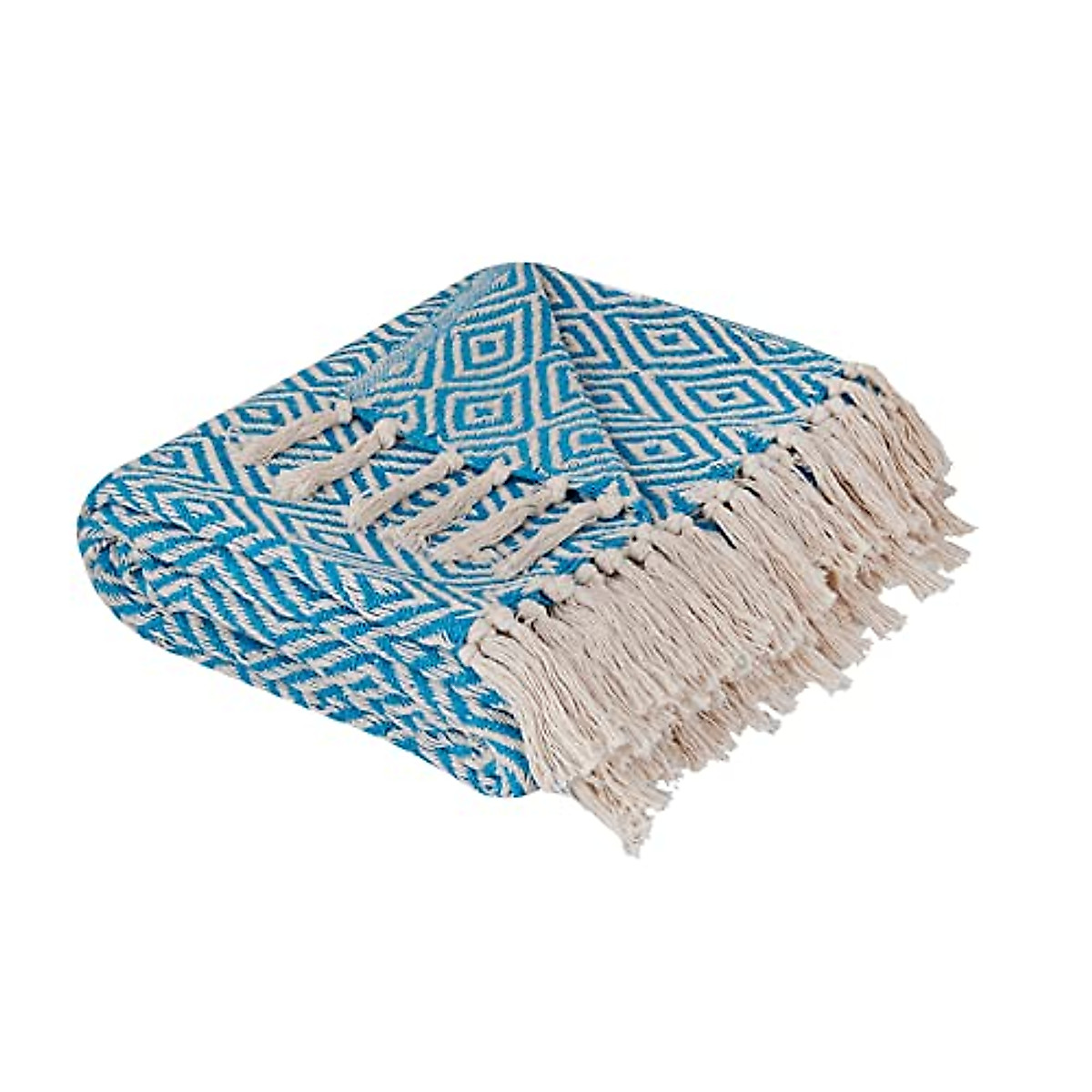 100% Cotton Throw Blanket 50x60 - Turquoise Throw Blanket with Fringe - Soft Lightweight Bed Throw for Couch, Chair - Cozy Farmhouse Throw Blanket - Decorative Throw Blanket - Home Living Room Decor