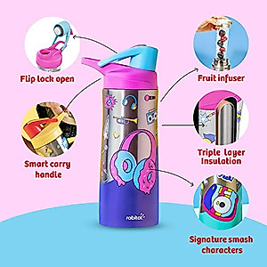 rabitat Nutri Lock Stainless Steel Insulated Sipper Bottle - Chatter Box, Purple/Pink Sipper for Kids. Reuseable Thermos Water Bottle for School with Fruit Infuser.