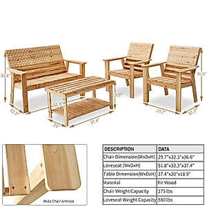 PatioFestival Patio Conversation Sets 4Pcs Wooden Grain Outdoor Furniture Sets with Star Pattern Back Wide Armrest, Chairs & Coffee Table