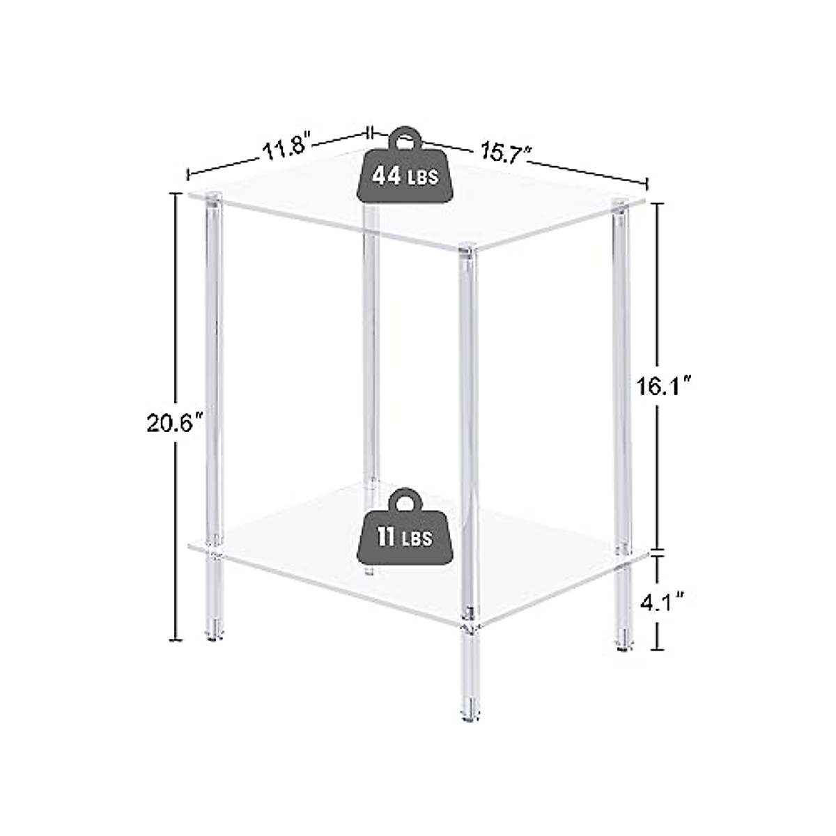 IRCPEN Acrylic Side Tables with 2 Shelve, End Table Set of 2, Nightstands for Tight Spaces, 2-Tier Tempered Glass Bedside Table for Office, Bedroom, Living Room, Study, Outdoor (2, Transparent)