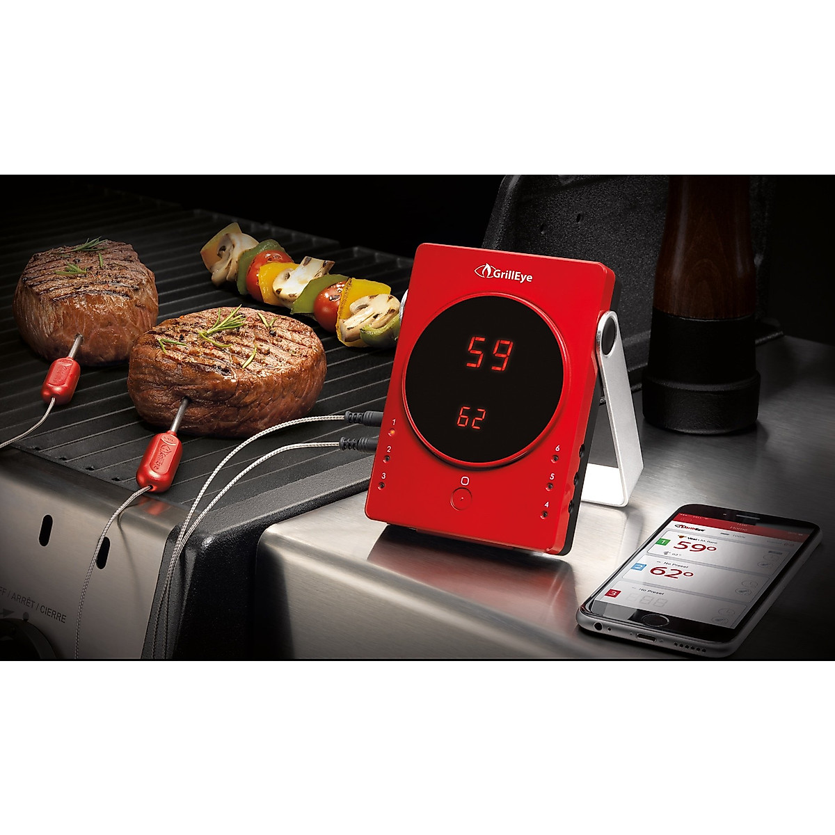 GrillEye GE0001 Smart Bluetooth Grilling & Smoking Thermometer, Red