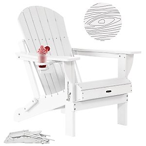 Withniture Folding Adirondack Chairs, HDPE Adirondack Chair Wood Texture Plastic Adirondack Chairs with Cup Holder, Weather Resistant Fire Pit Chairs for Backyard Deck, White