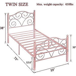 VECELO Twin Size Metal Bed Frame with Headboard and Footboard, Heavy Duty Steel Slat Support, Platform Mattress Foundation, No Box Spring Needed, Easy Assembly, Pink