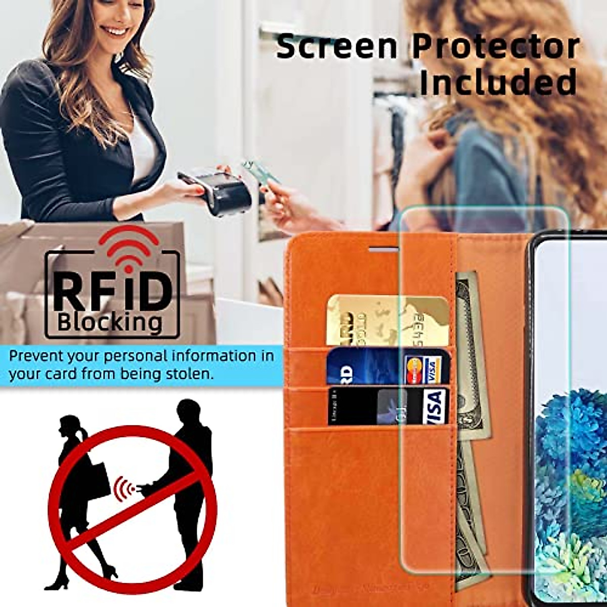 MONASAY Wallet Case Compatible for iPhone XR, 6.1-inch, [Glass Screen Protector Included] [RFID Blocking] Flip Folio Leather Cell Phone Cover with Credit Card Holder, Orange