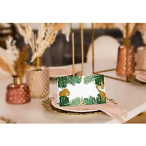 Table Place Card, Jungle Safari Animals Themed Tent Style Cards, Pack of 25 Half-Fold Reception Place Card, Gold Wild Animal Food Labels, Perfect for Baby Shower, Birthday Party C08