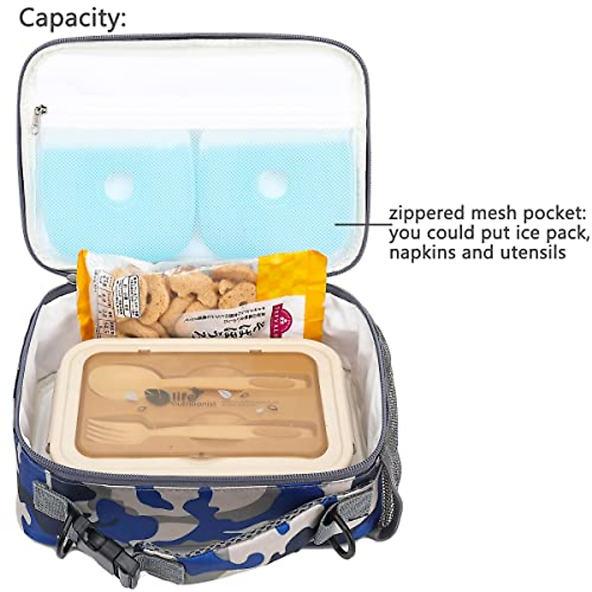 FlowFly Kids Lunch Bag, Durable Insulated School Lunch Box with Shoulder Strap and Bottle Holder, Water-resistant Thermal Small Lunch Cooler Tote for Teen Boys & Girls,Blue Camo