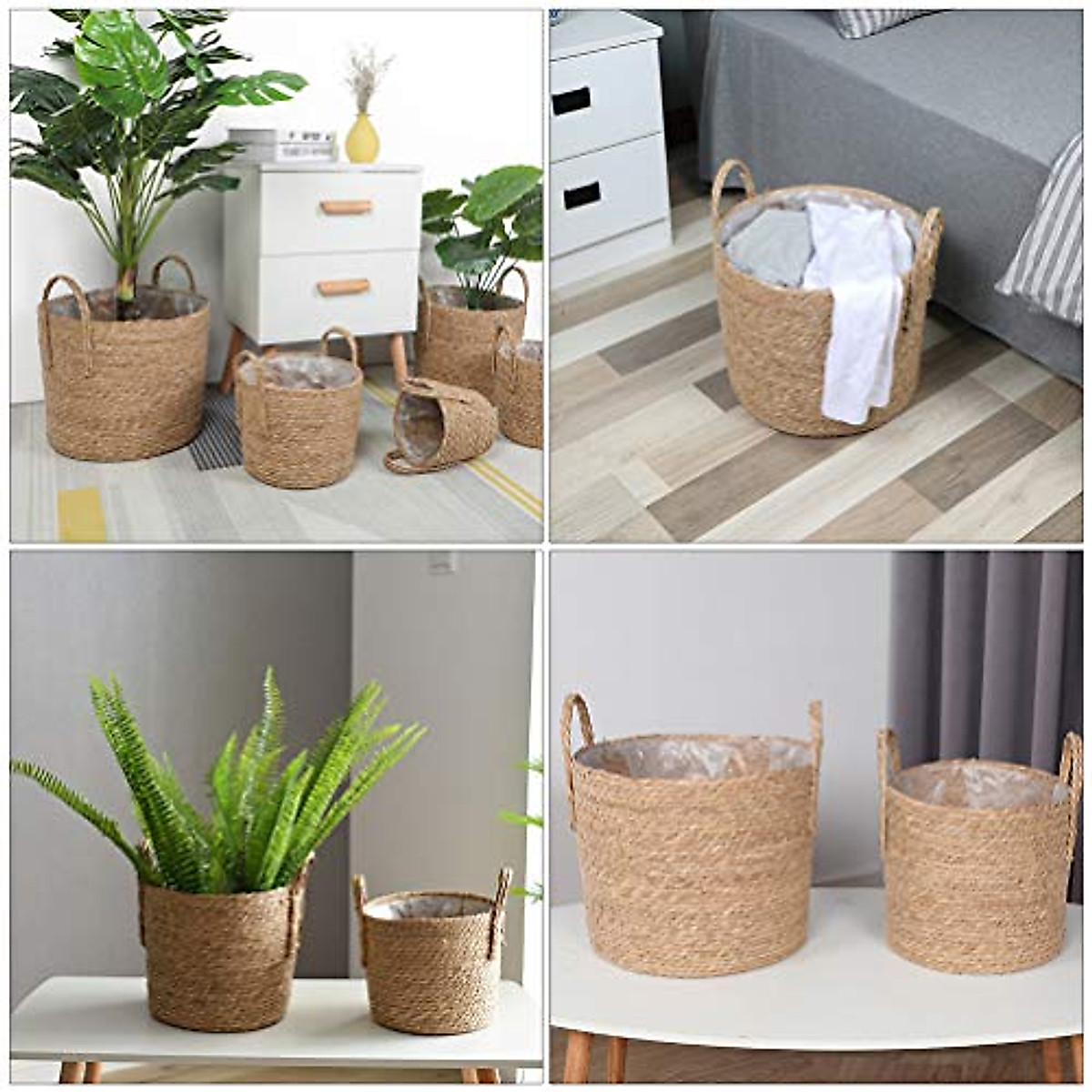Cabilock Seagrass Plant Basket Hand Woven Belly Basket Bin Straw Beach Bag Panier with Handles for Laundry Picnic Plant Pot Cover Flower Home Toys Decor 25CM Khaki