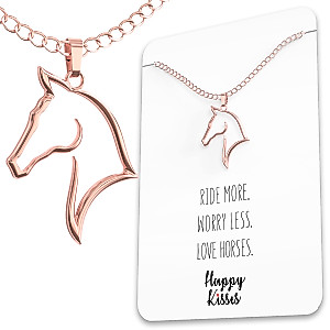 Happy Kisses Horse Necklace - Elegant Horse Themed Jewelry for Girls 8-12 & Women - Charm with Message Card - Equestrian Gifts for “I Love Horses” and Racing