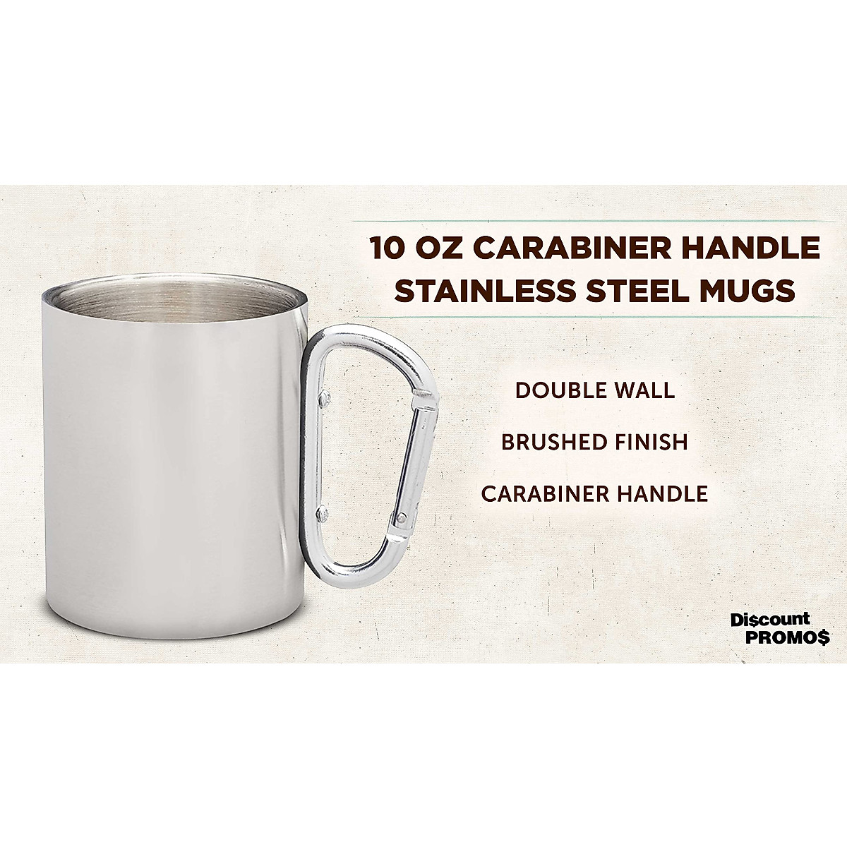 DISCOUNT PROMOS Stainless Steel Mugs with Carabiner Handle 10 oz. Set of 10, Bulk Pack - Perfect for Coffee, Soda, Other Hot & Cold Beverages - Silver