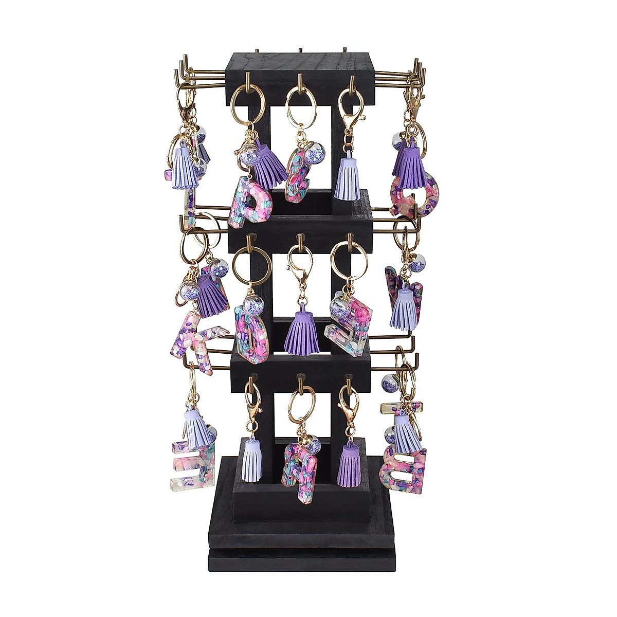 Ikee Design 36 Hooks Wood Rotating Keychain Holder Display Stand,3 Tier Jewelry Display Tree Stand,Bracelet Holder, Earring Rack for Vendors and Selling, Black Color