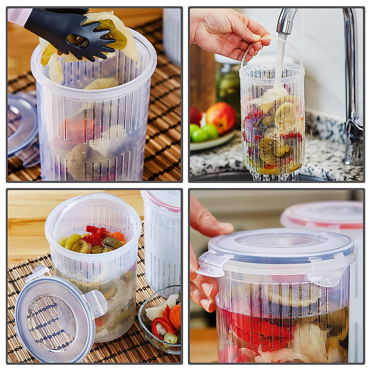 Crystalia Pickle Jar with Strainer Insert, Deli Food Storage Container, Pickle Holder Keeper Lifter, Bucket of Pickles, Barrel of Olive Jalapeno, Large Flip Jar with Leak Proof and Lock It Lid (Gray)