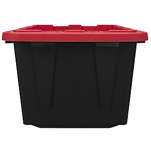 HErtL 27 Gallon Snap Lid Plastic Storage Bin Container, Black with Red Lid