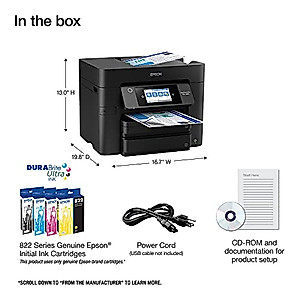 Epson Workforce Pro All-in-One WF-4833 Color Inkjet Printer, 4.3" Color Touchscreen Display, Wireless Connectivity, Automatic Duplex Printing, 4800x2400 dpi, Mobile Cloud Printing, Black, HDMI Cable