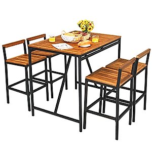Tangkula 5-Piece Outdoor Acacia Wood Bar Table Set, Bar Height Outdoor and Rattan Dining Set, Rectangular Bar Table with Umbrella Hole and 4 Bar Stools for Patio, Garden and Backyard (Black)