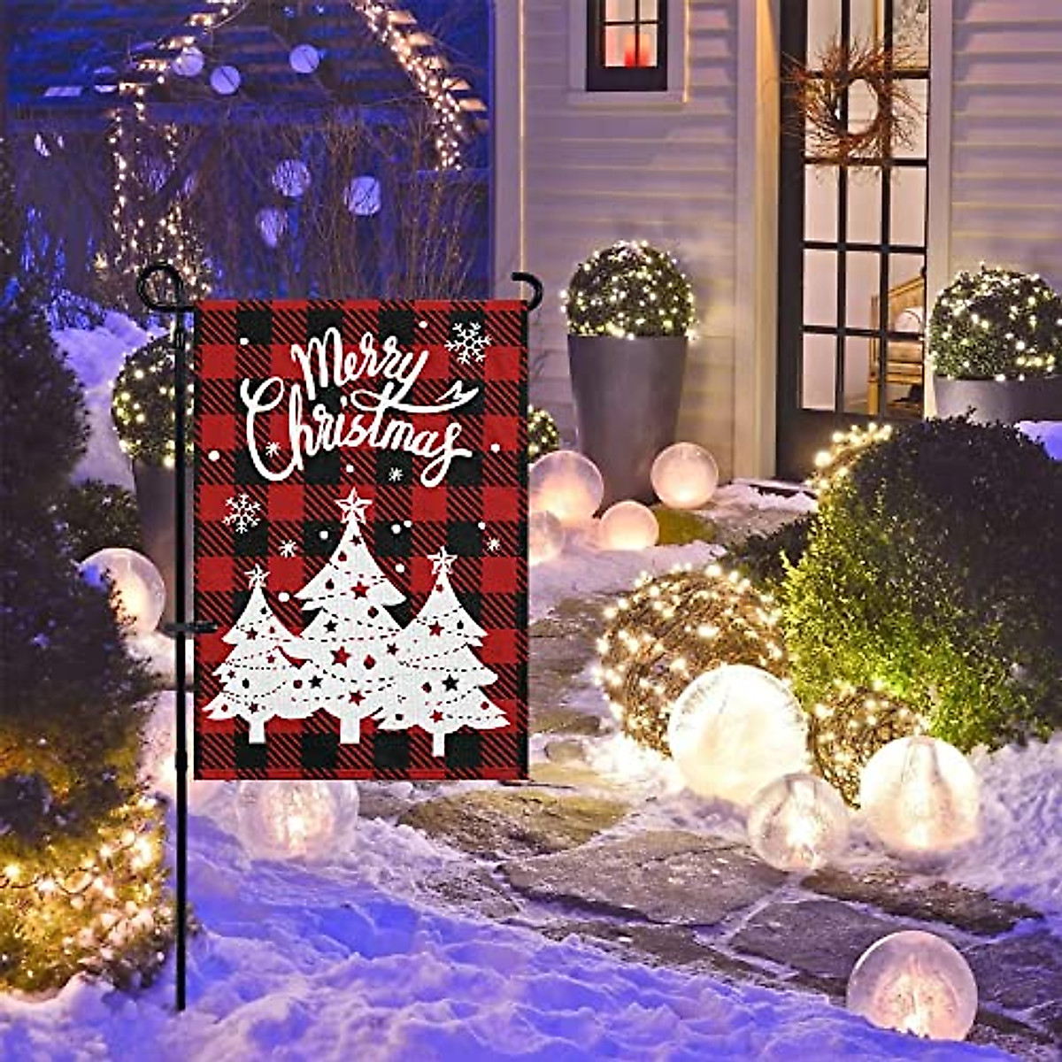 hogardeck Merry Christmas Garden Flag, Buffalo Plaid Check Tree Burlap Christmas Decorations, Vertical Double Sided Winter Decor, Bell & Star Outdoor Indoor Yard Flag 12.5x18 Inch