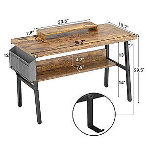 55 Inch Computer Desk, Desk with Monitor Stand, 55.2'' Office Laptop Table with Bookshelves, Study Writing Desk with Storage Bag and Hooks, Sturdy Desk for Home Office Workstation, Rustic