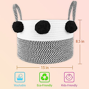 QDSTCKJ Cotton Rope Storage Basket 15" x 15" x 8.5", Woven Laundry Basket with Handles and Pom-poms, Blanket Basket Living Room, Storage Basket for Organizing, Toy Basket, Black and White.