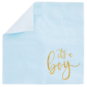 50 Pack Its a Boy Baby Shower Cocktail Napkins Party Supplies, Blue with Gold Foil Table Decorations (5 x.5 Inches)