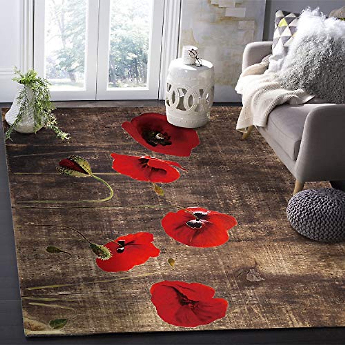 Indoor Area Rugs, Poppy Flower Wooden Background Non-Slip Rubber Backing Rug, Non-Shedding Floor Carpet Washable Throw Rug for Living Room Bedroom Dining Home, 4' x 6'