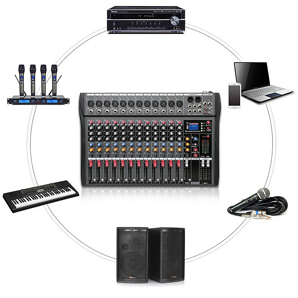Pro 12 Channels Live Audio Mixer Bluetooth USB DJ Sound Mixing Console with 3 Stage Equalization Regulate 6 Modes Of Music for Family Ktv,Campus Speech,Meeting Etc