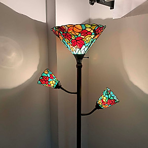 Bieye L10884 Maple Tree Leaves Tiffany Style Stained Glass Torchiere Floor Lamp with Sidelights for Reading Home Decor, 70-inches Tall (Maple Leaf, Red)
