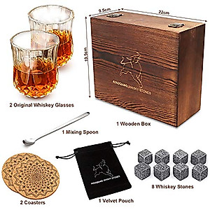 Whiskey Stones Gift Set - Scotch Bourbon Glasses Set, Whisky Rocks Chilling Stones in Wooden Gift Box - Gift Set for Men - Idea for Birthday, Anniversary, Christmas, Fathers Day.