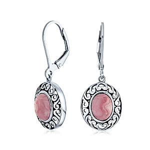 3Ct Natural Pink Rhodochrosite Dome Oval Western Style Bezel Set Lever Back Dangle Earrings For Women .925 Sterling Silver