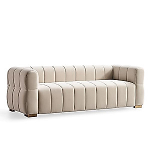 Container Furniture Direct Art Deco Velvet Sofa with Tufted Low Back Design, Sophisticated 3 Seater Couch for Living Rooms, 89 Inch Wide, Easy Assembly, Beige