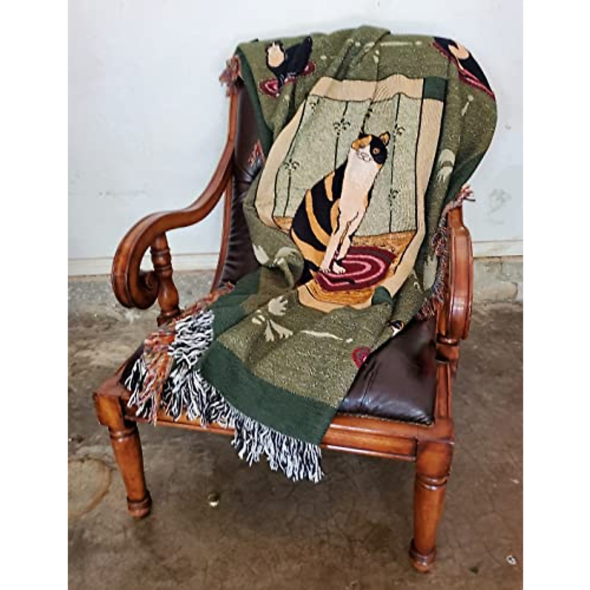 Cat Gallery Giftable Fringed Woven Tapestry Afghan/Throw Blanket or Wall Hanging (51" x 68") 100% Cotton Featuring Fat Cat/Black&White Cat/Orange&Black Tiger Cat/Ginger & White Cat -Made in The USA