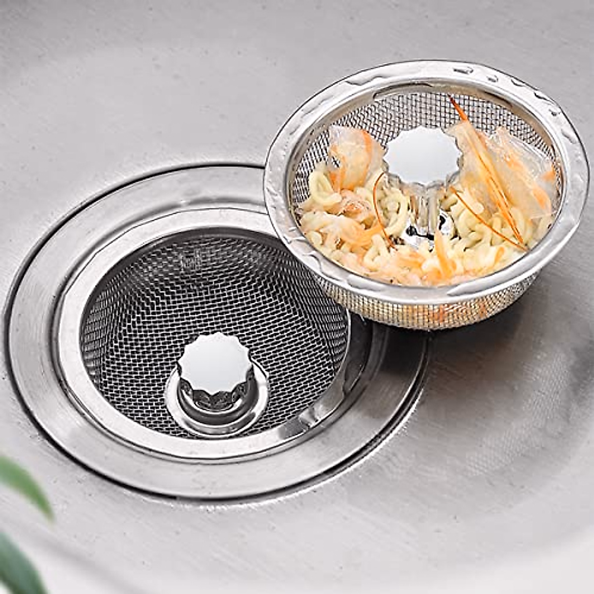 Kitchen Sink Strainer with Handle and Stopper Replacement Kitchen Sink Drain Basket/Stopper/Plug 3.3 Inch Stainless Steel Kitchen Sink Drain Strainer Mesh Sifter Filter(‎Silver)