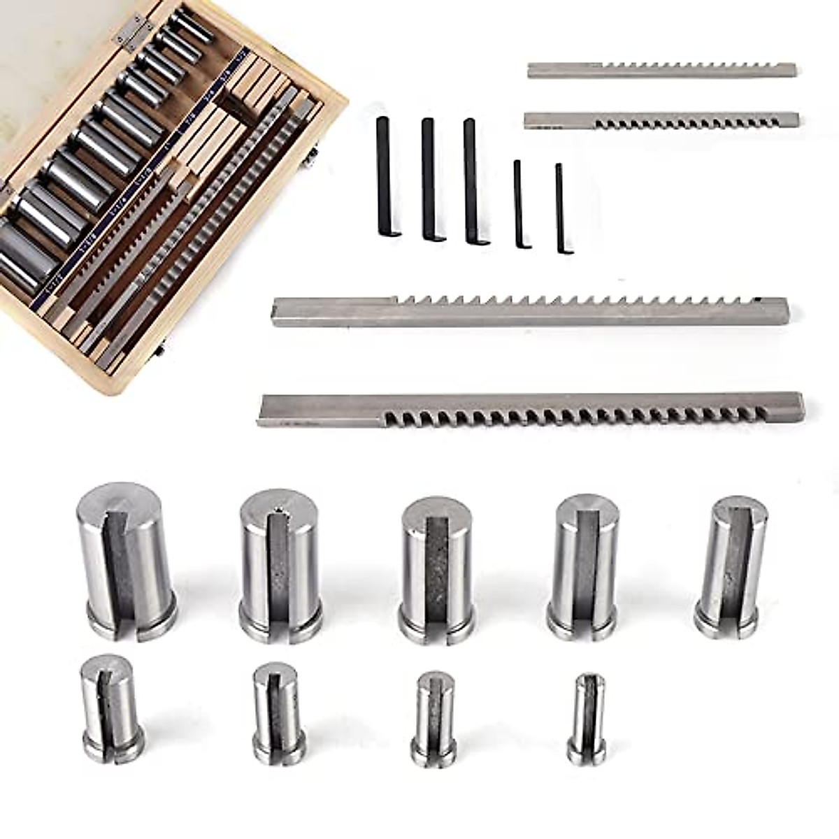 18 Pcs Hss Keyway Broach Sets in Fitted Box,Keyway Broach Kit 4 Broaches＆9 Collared Bushings＆5 Shims,High Speed Steel Material Metalworking Industrial Tools for Lathe